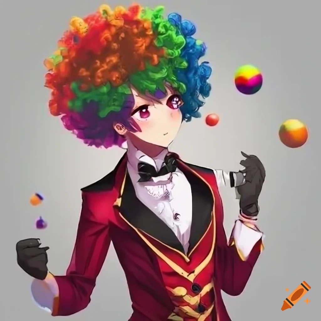 Anime ringmaster boy in colorful outfit juggling balls on Craiyon