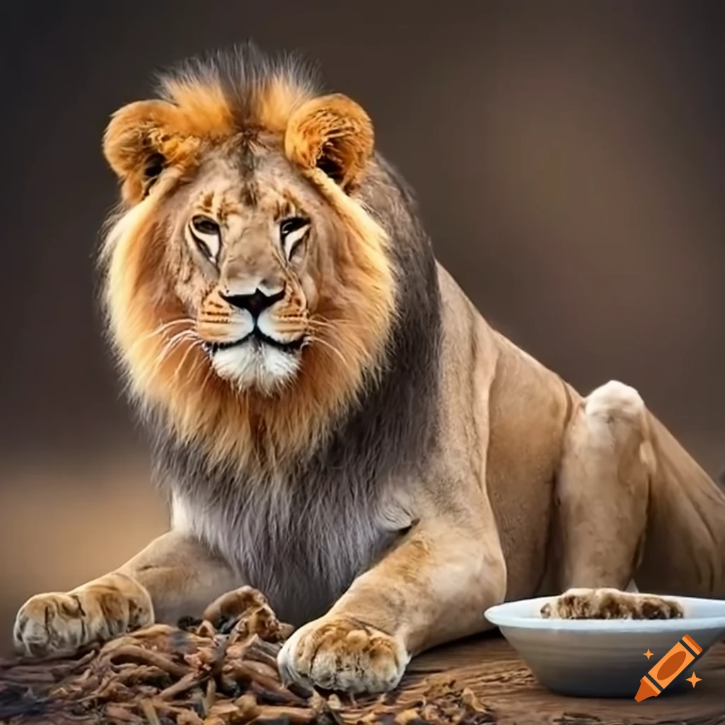 Lion sitting and feeding on wheat bran from a bowl on Craiyon