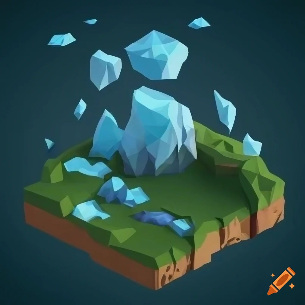 Isometric top-down view of an ice planet with rocky terrain in dark ...