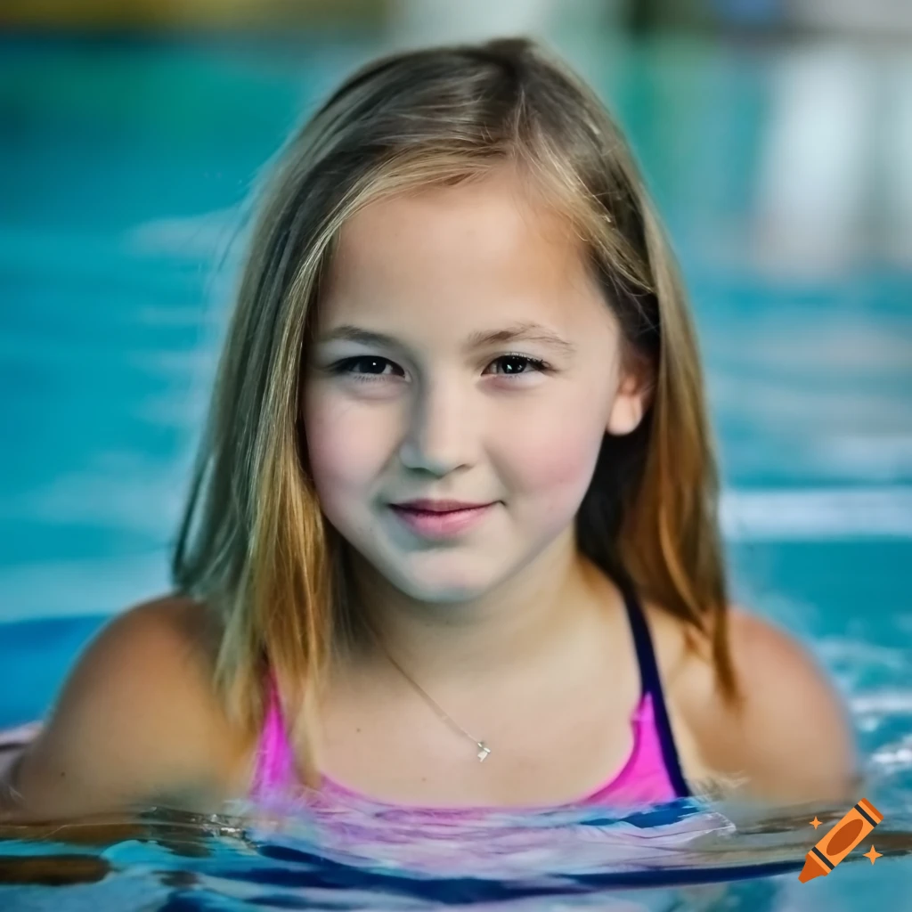 Sasha, a pretty tween with long blonde hair swimming in a pool on Craiyon