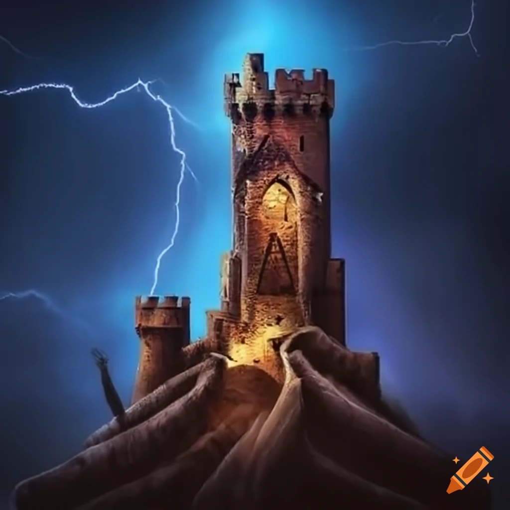 Tim burton style of a fortified castle tower destroyed by lightning ...