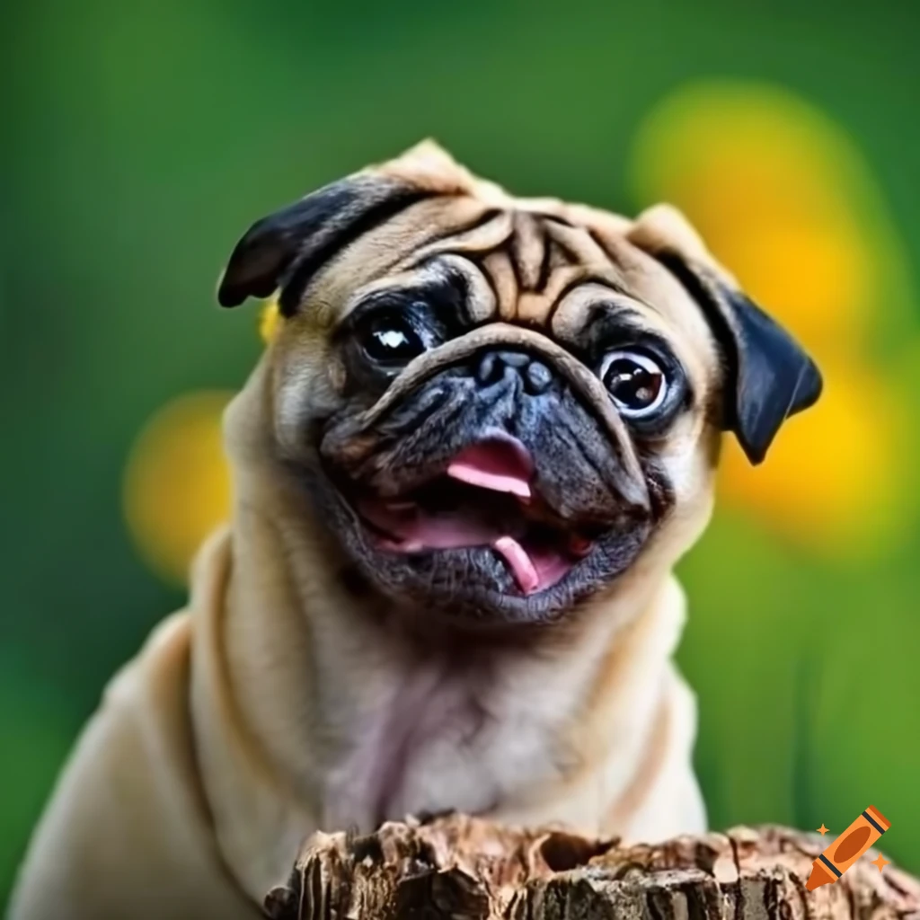 Pug sitting in a tree stump surrounded by flowers on Craiyon