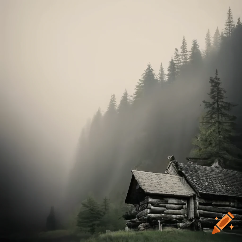 Dense log cabin village hidden behind misty forest with distant mountains on Craiyon