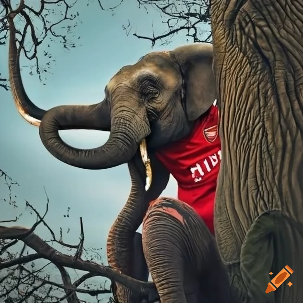 Elephant wearing arsenal fc shirt sitting on top of a tree on Craiyon
