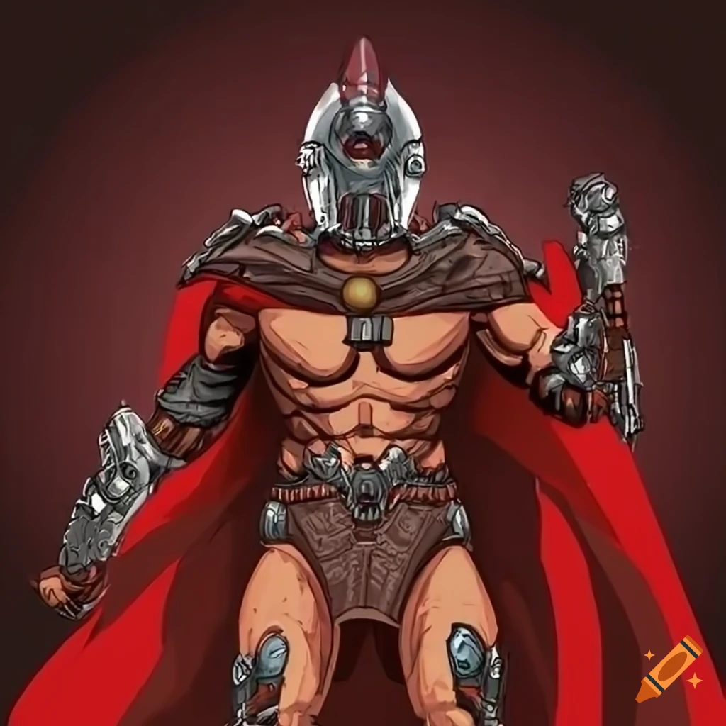 Cyborg gladiator with red cape in highly detailed cartoon style on Craiyon
