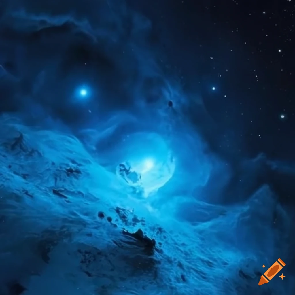 View of a space nebula, sun, moon, and blue neon from a mountain on Craiyon