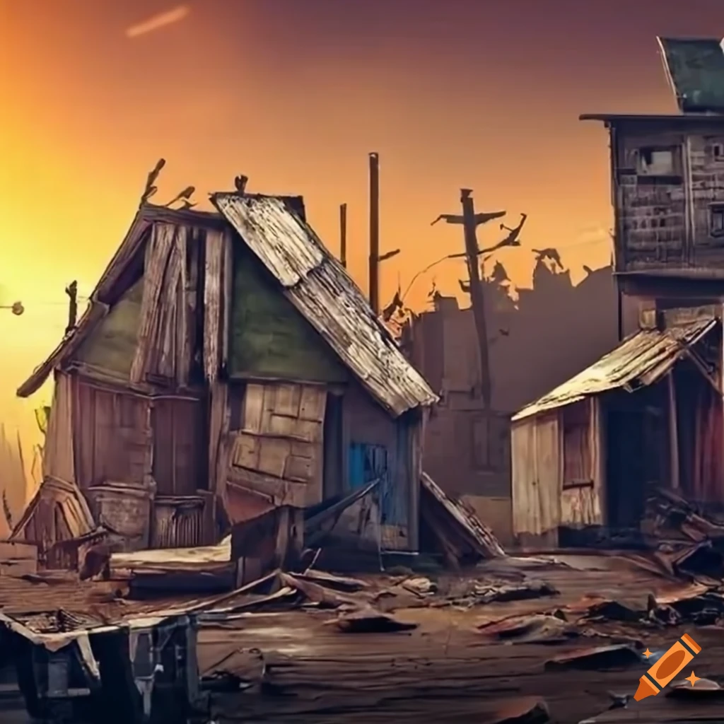 Sunrise over a post-apocalyptic shanty town with repurposed buildings ...