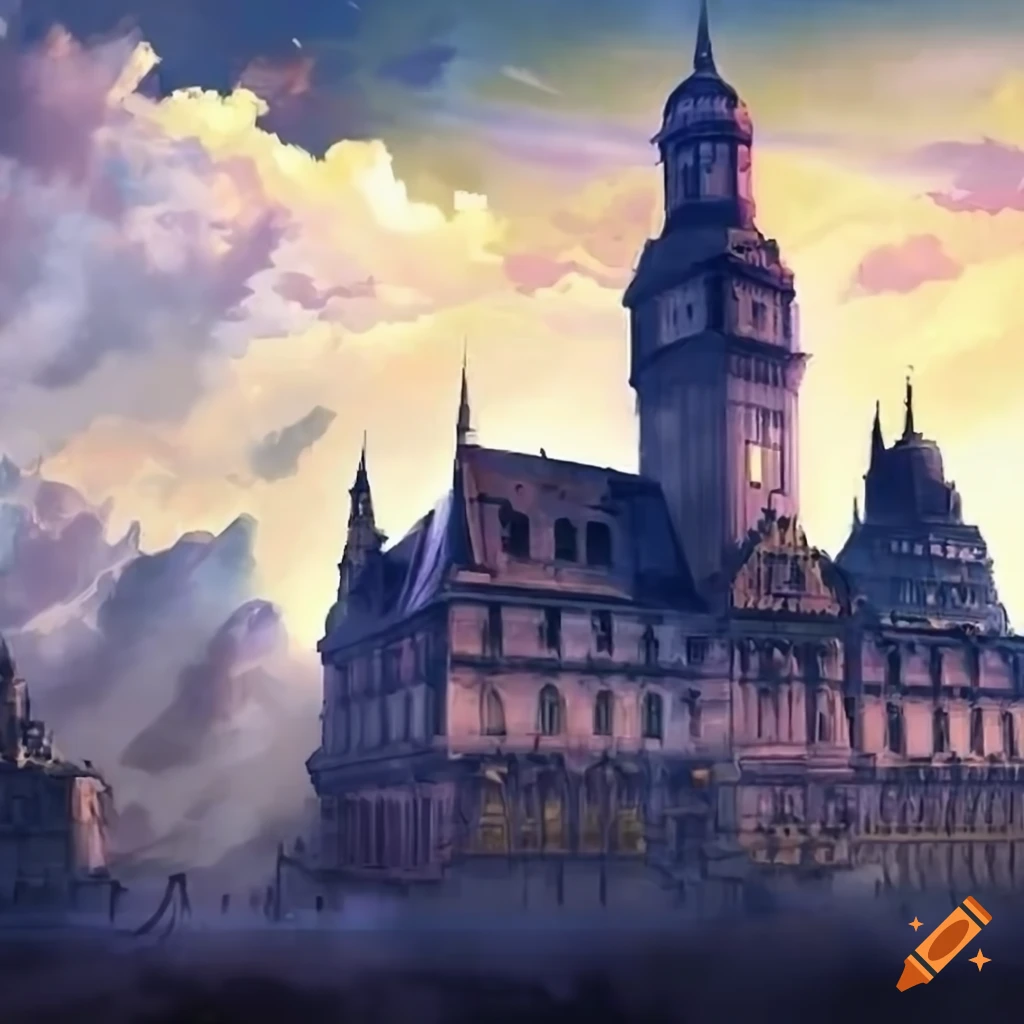 Post-war german city hall in anime style background on Craiyon