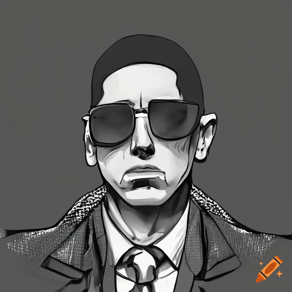 Figure in a suit and sunglasses resembling Eminem in a black and white ...