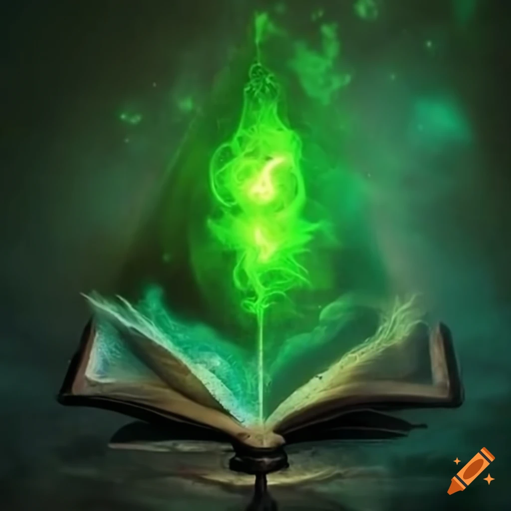 Fantasy magic tome book with green glow on black background on Craiyon