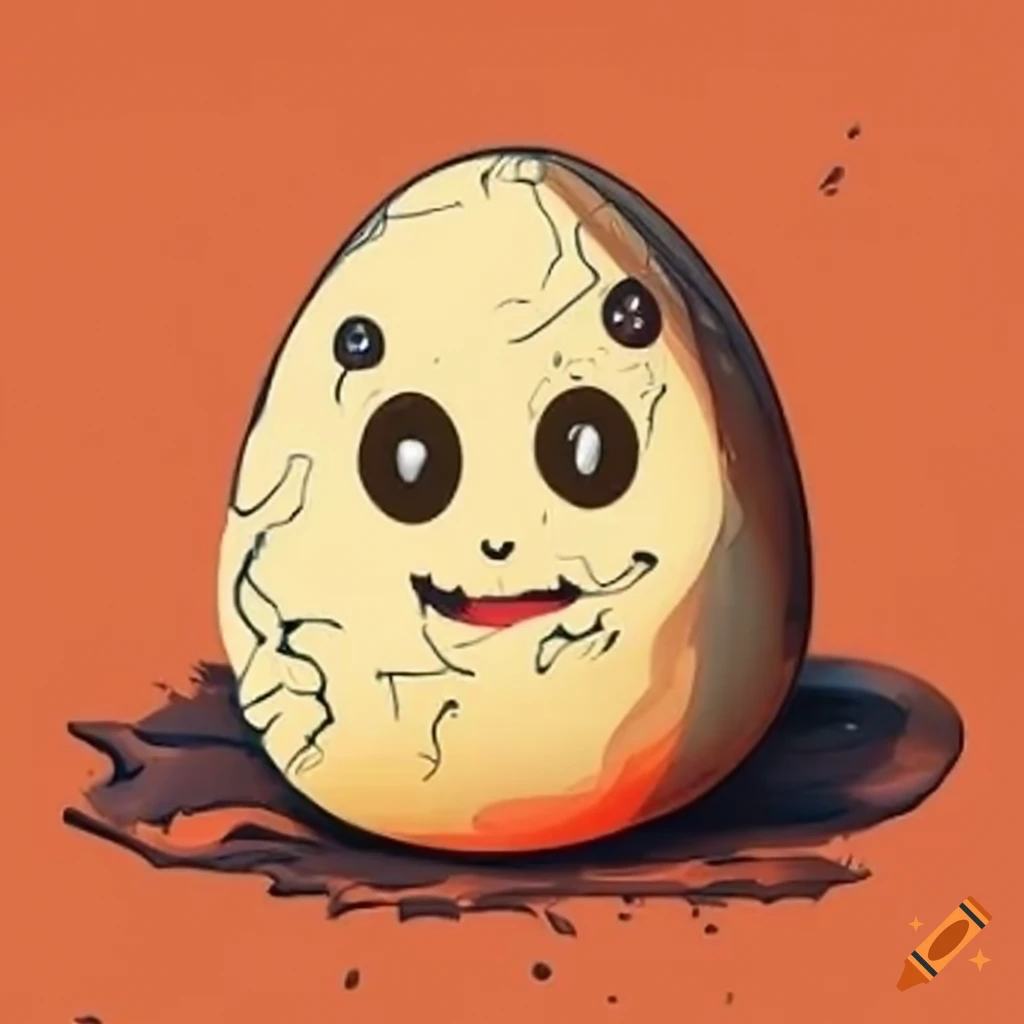 Cartoon rotten egg character with black circular eyes, wearing a dirty-white tank top and a red ...