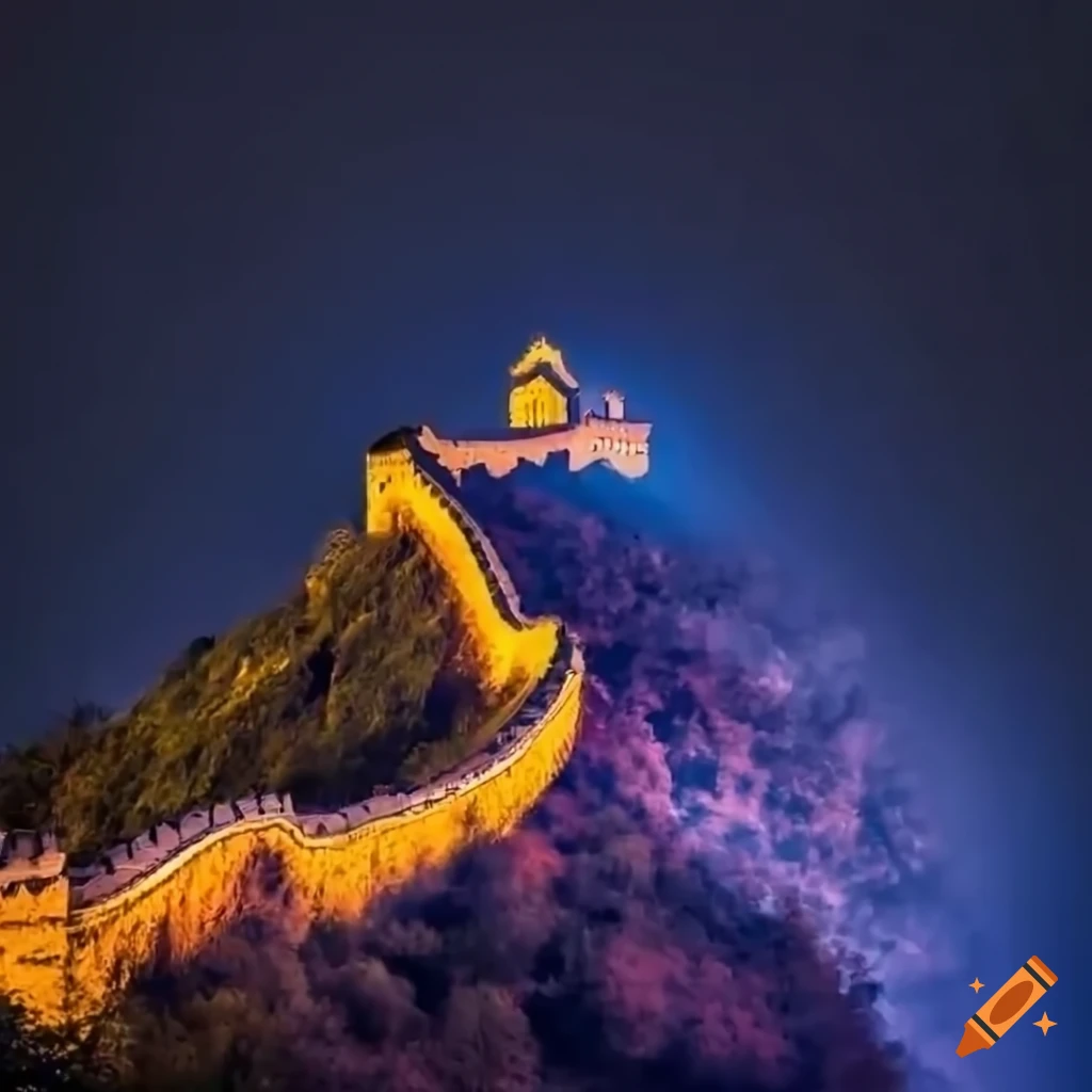 The great wall of china at night with flying machines in the neon-lit ...