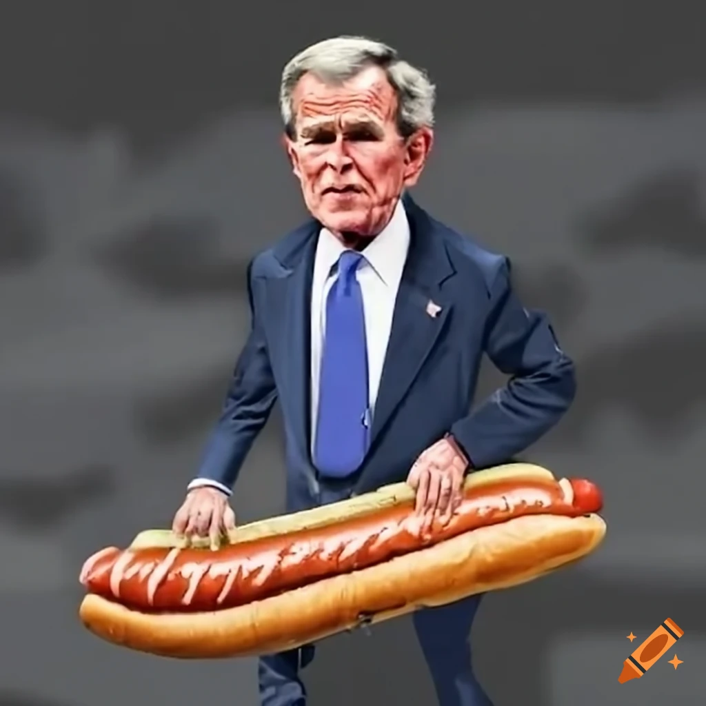 Satirical illustration of George Bush running a hot dog stand outside ...