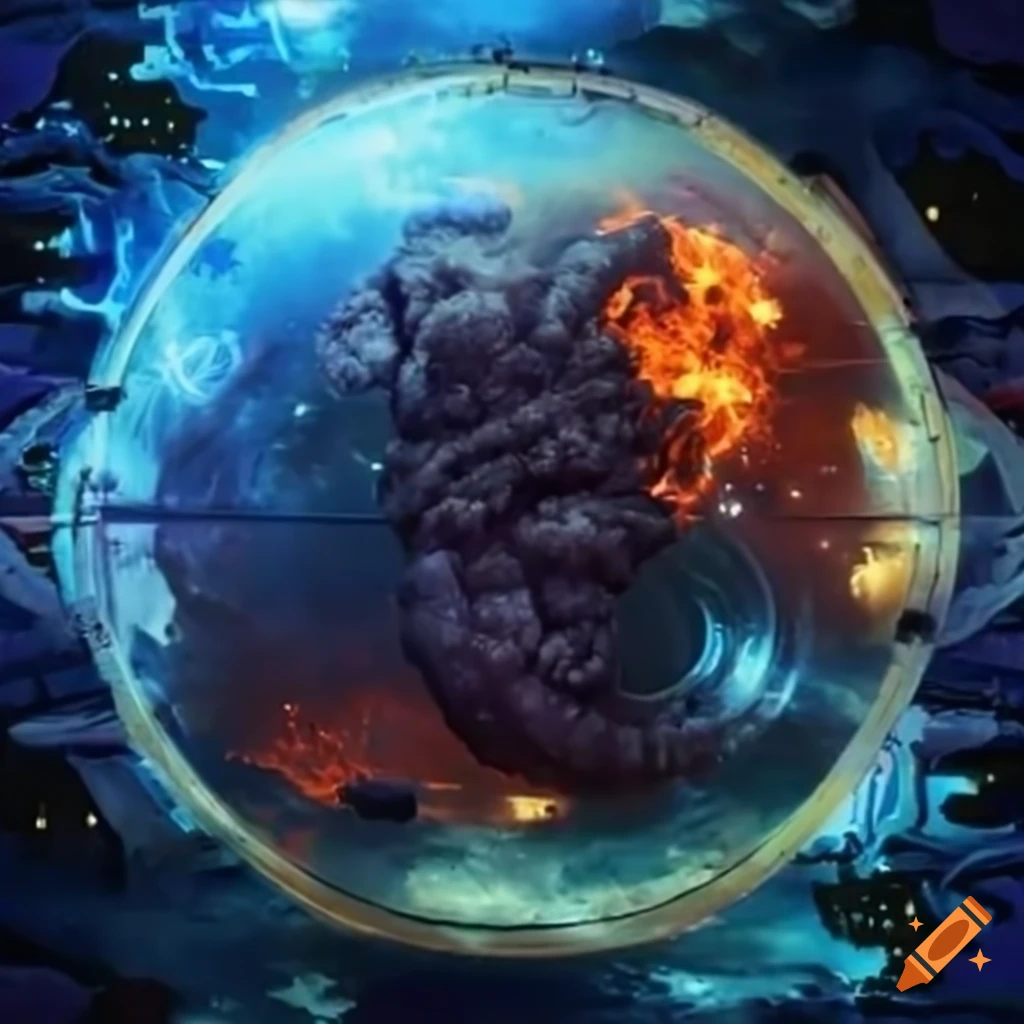 Fantasy landscape with ruins, fire, and explosions on Craiyon