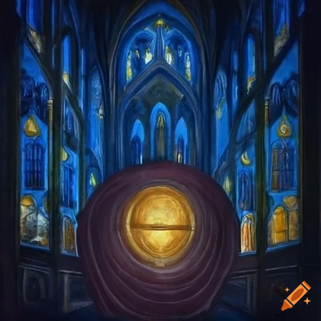 Gold orb flying in a medieval cathedral with starry windows on Craiyon
