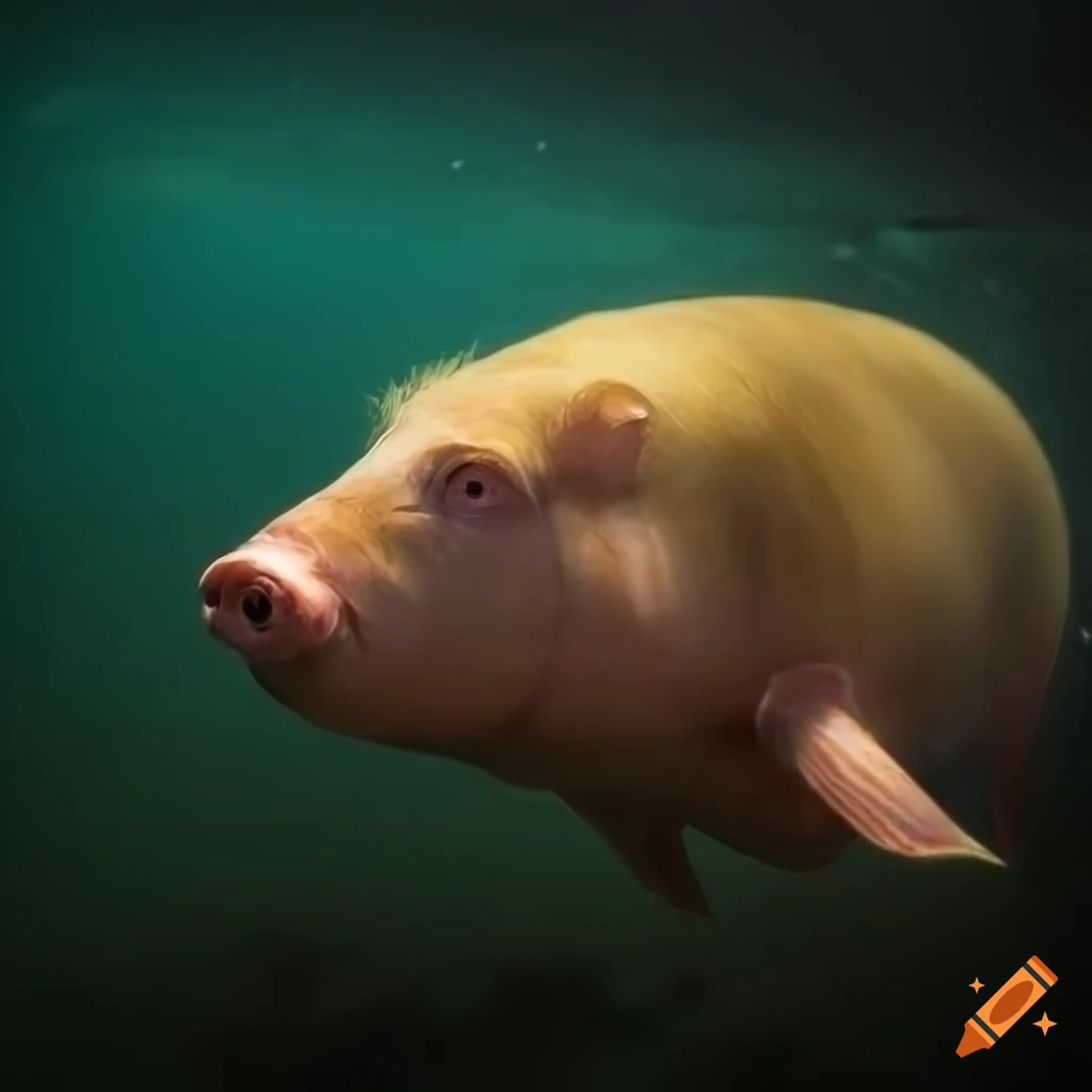 Highly detailed photorealistic fish inside a pig in an oasis at night ...