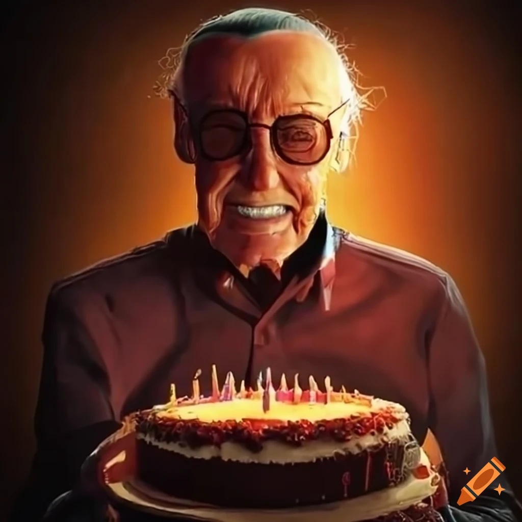 Stan lee celebrating his 101st birthday with a giant cake and banner on ...