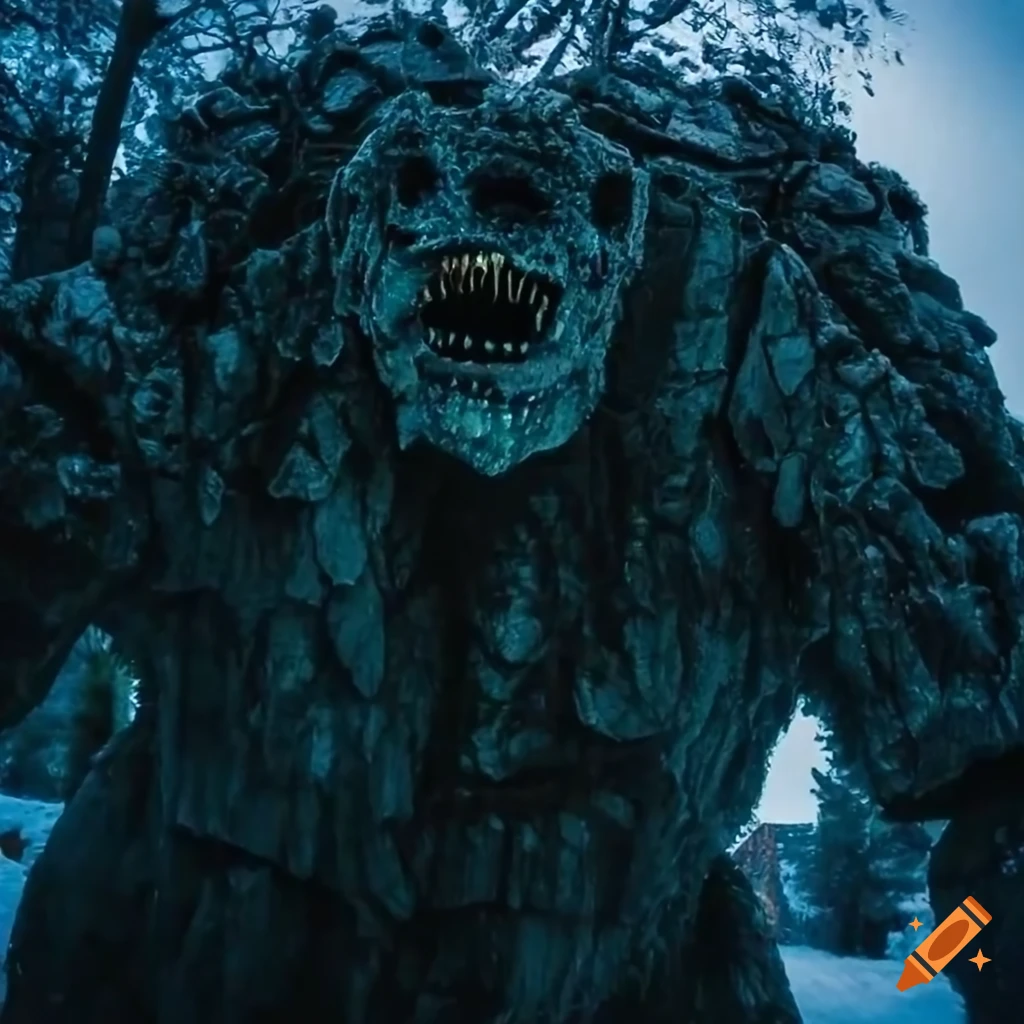 Creepy snow golem monster with glowing eyes in a horror scene on Craiyon