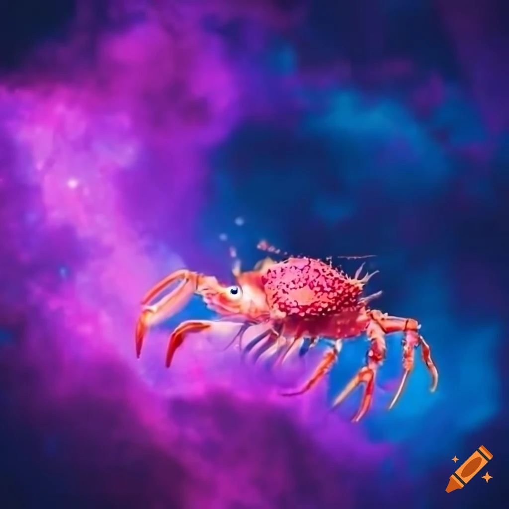 Vibrantly colored tropical crustacean with space background at a rave ...