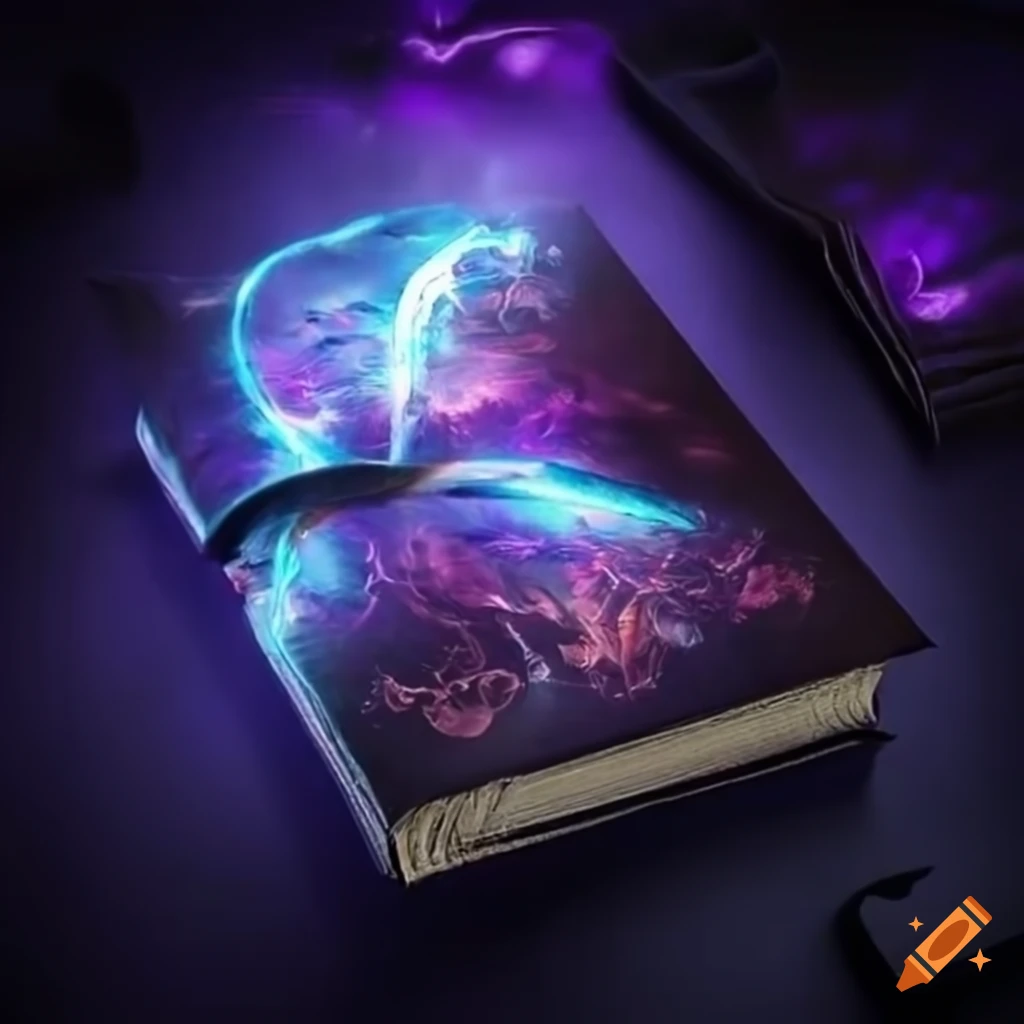 Fantasy magic tome book with violet glow on black background on Craiyon