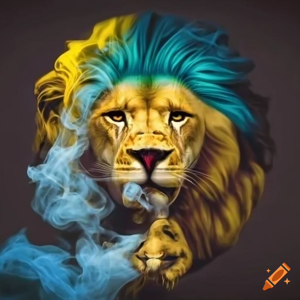 Lion vaping with colors of ukrainian flag in a neon gaming style on Craiyon