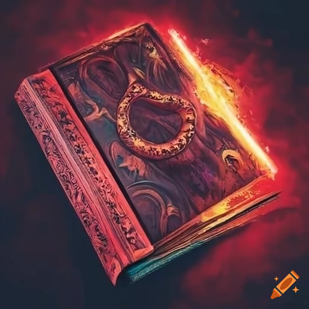 Fantasy magic tome book with red glow on black background on Craiyon