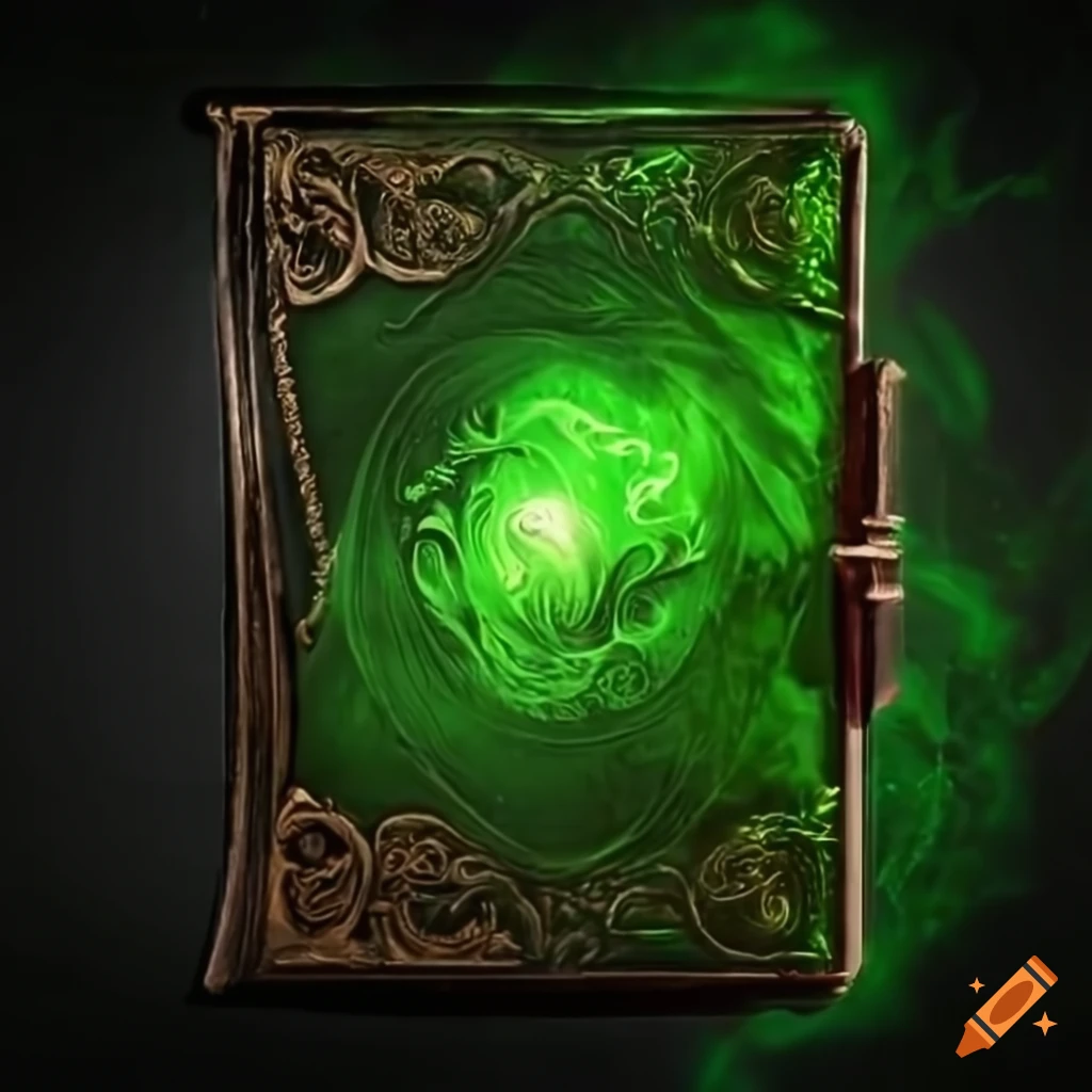 Fantasy magic tome book with green glow on black background on Craiyon