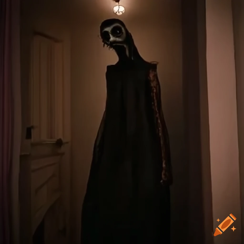 Creepy distorted creature at house threshold in horror style on Craiyon