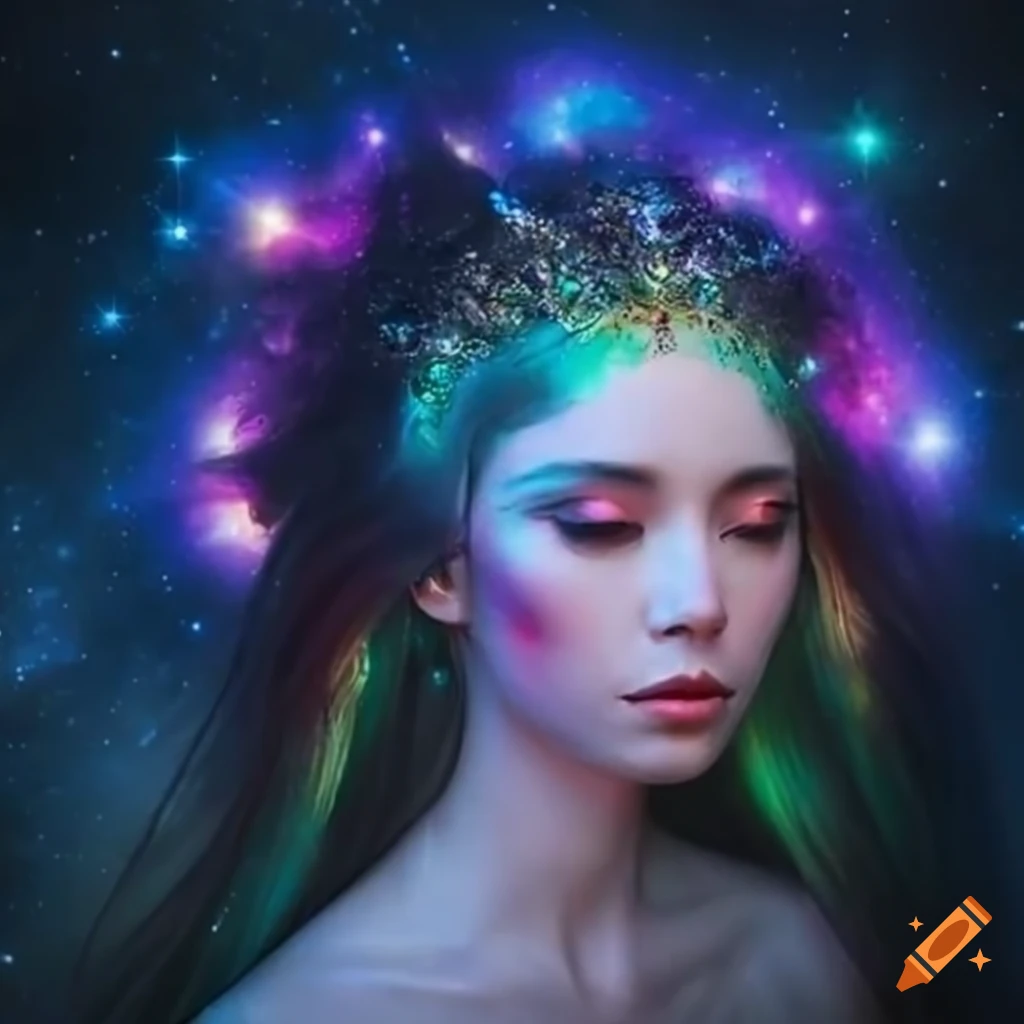 Beautiful galaxy goddess with iridescent hair and starry eyes on Craiyon