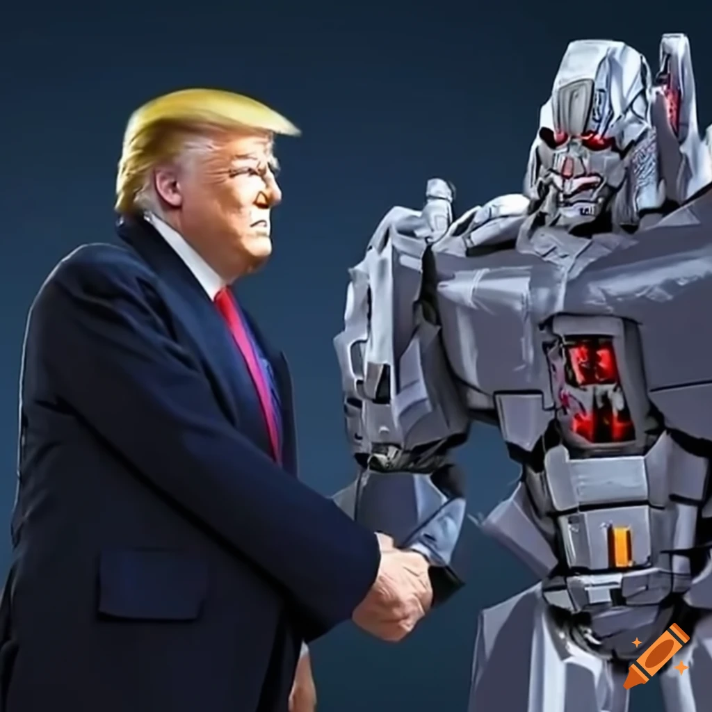 Satirical image of Donald Trump shaking hands with Megatron on Craiyon