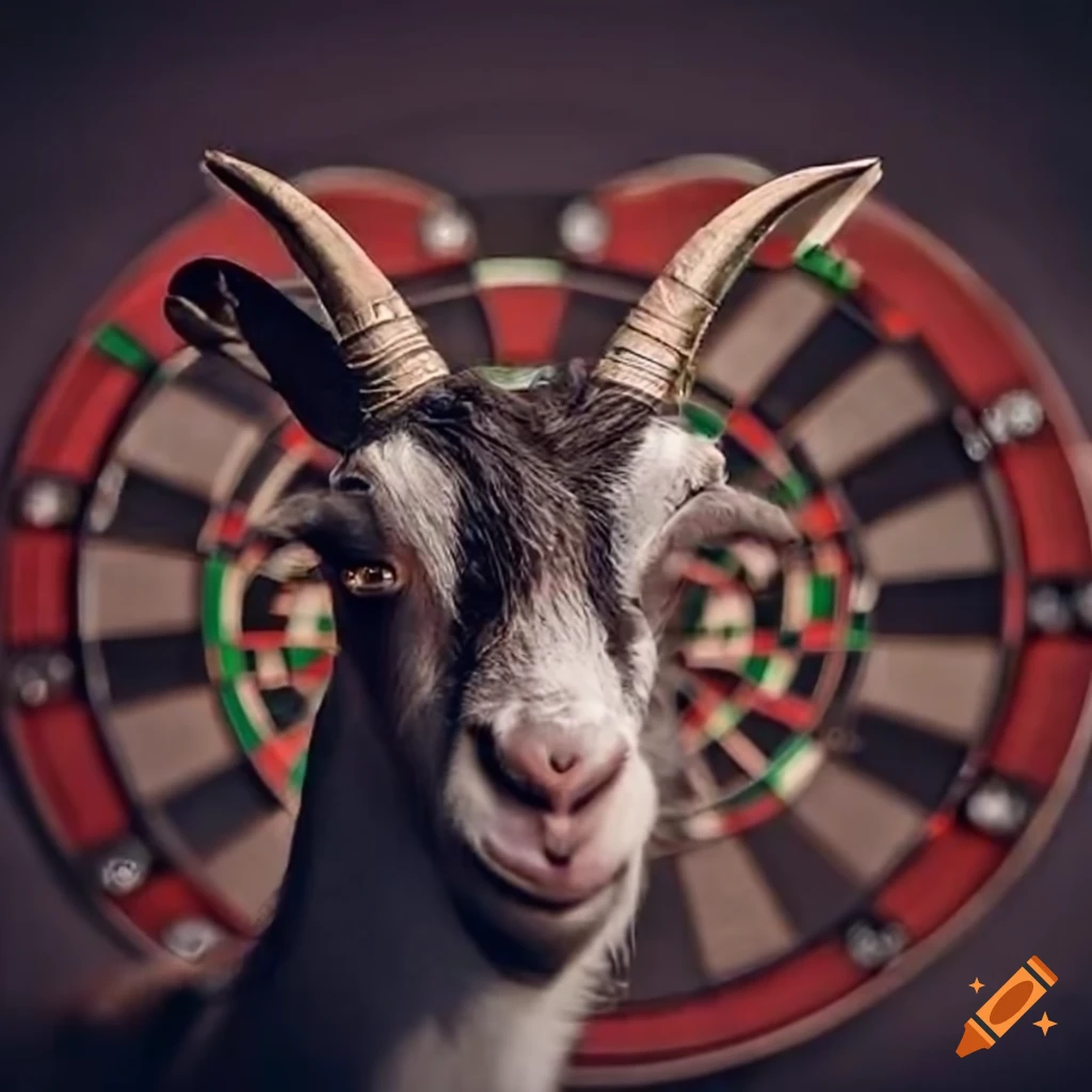 Friendly goat competing in a darts tournament in front of an engaged ...