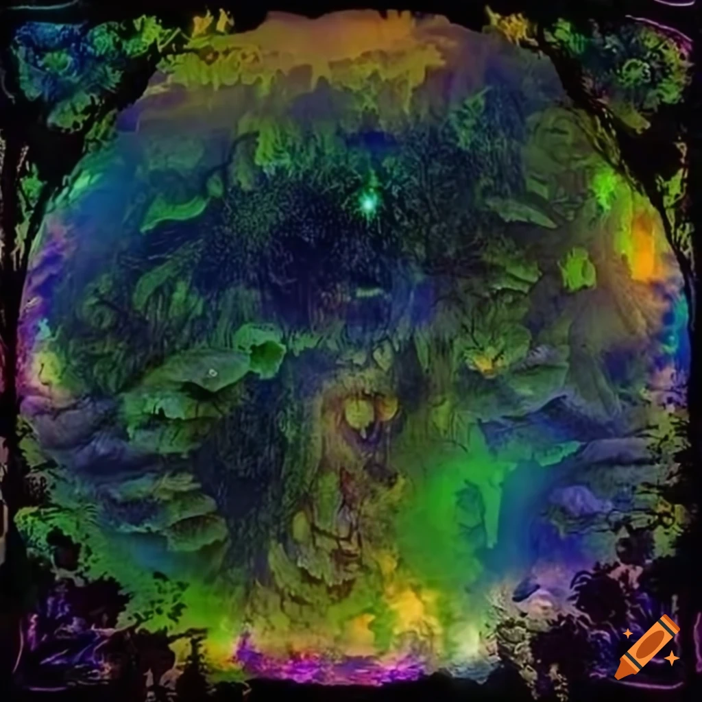 Tapestry of ancient legends with interconnected life forms and a ...