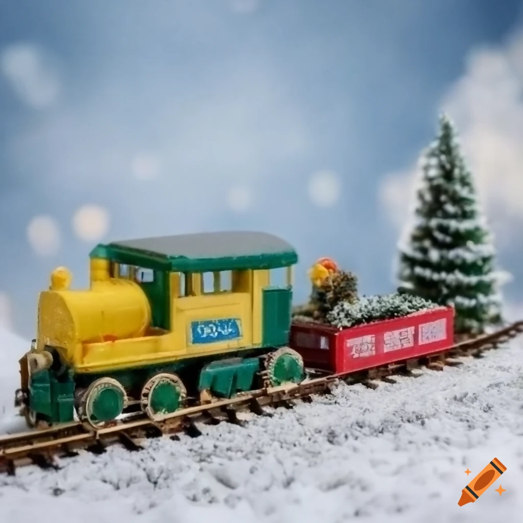 Miniature train on tracks with christmas trees and snow on Craiyon