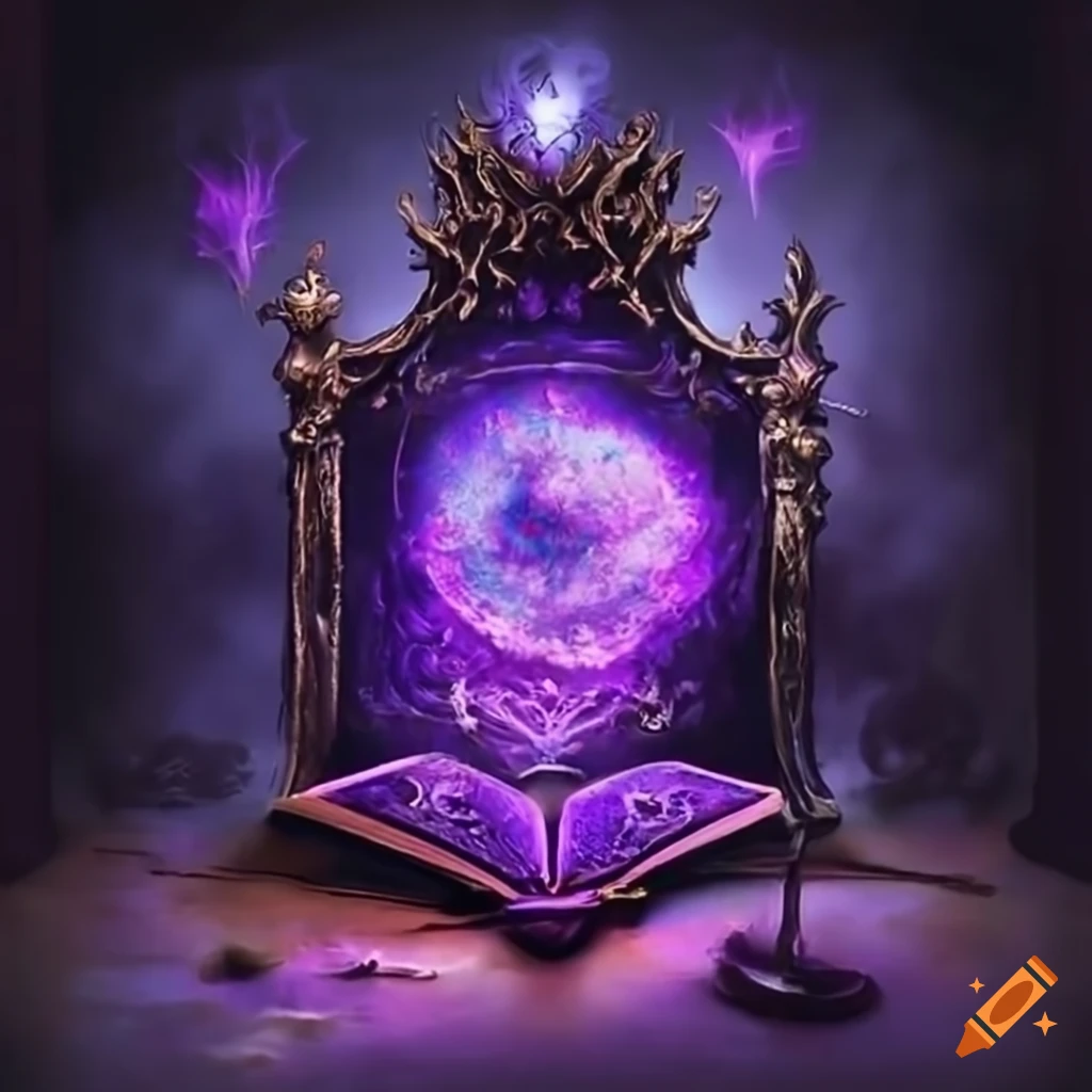 Fantasy magic tome book with violet glow on black background on Craiyon