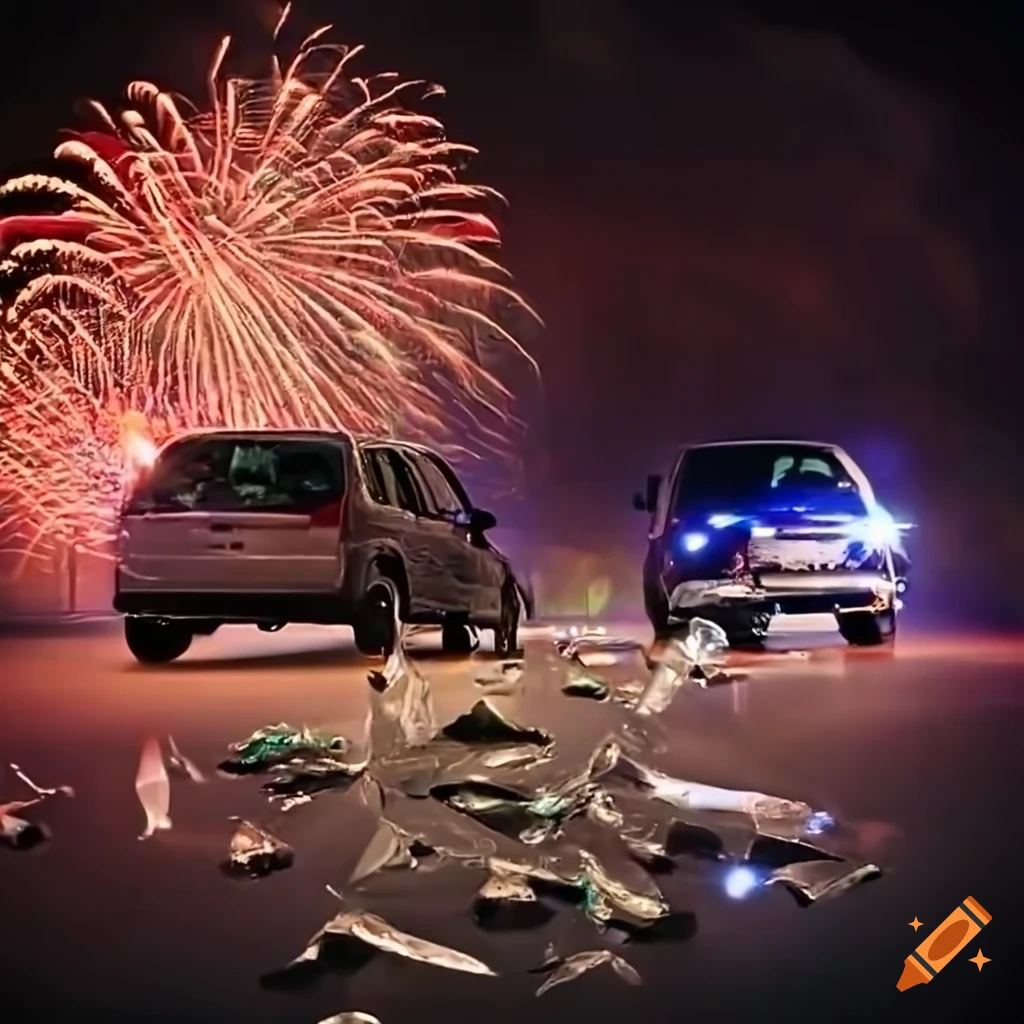 Suv surrounded by broken glass bottles with a firework in the ...