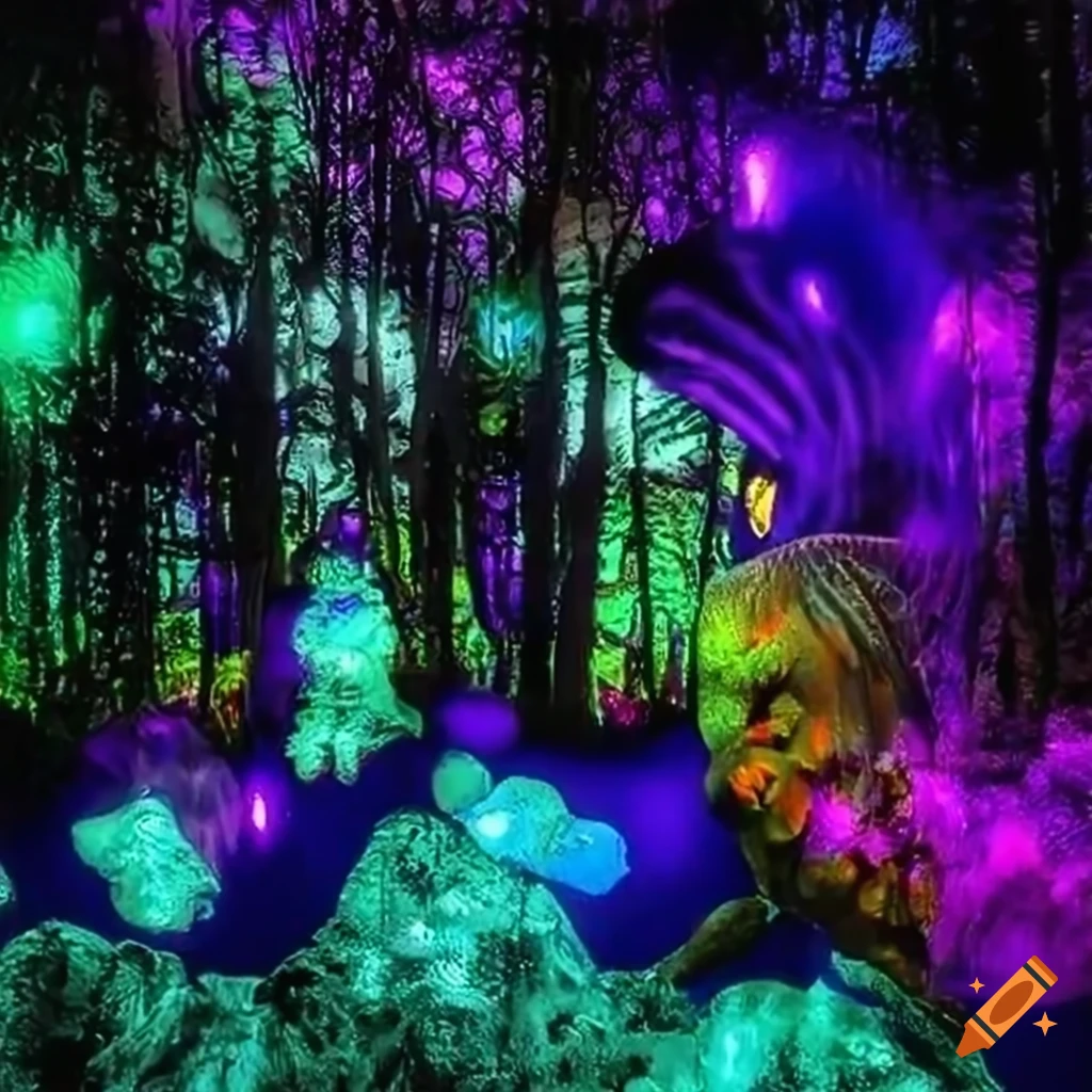 Alien planet with glowing rivers, mystical statues, deep-sea wonders ...