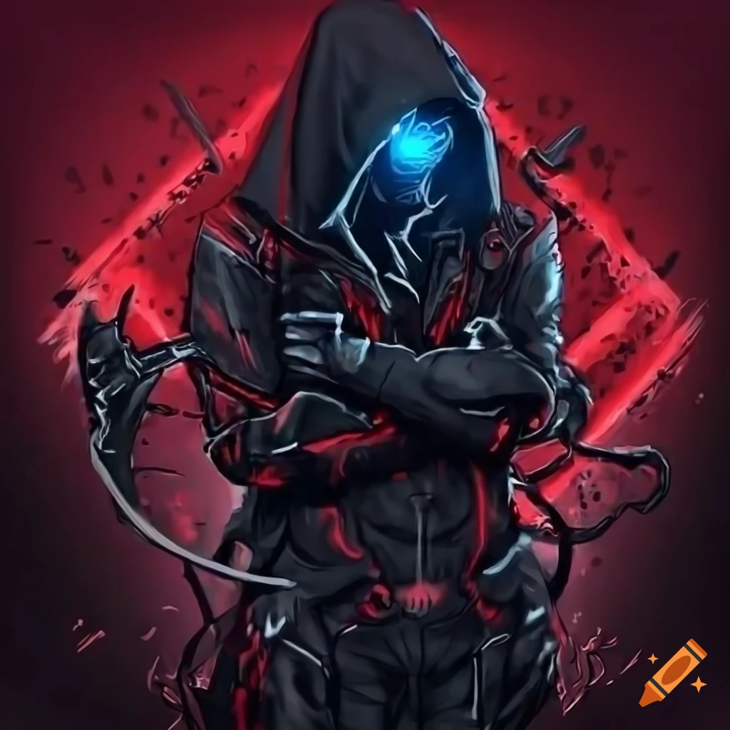 Dark robot wolf with red eyes and scythe in a black leather jacket ...