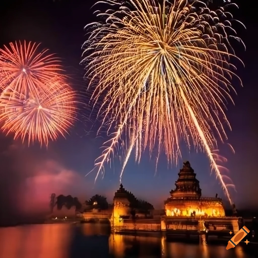 Colorful fireworks over an indian temple with a crowd admiring on Craiyon