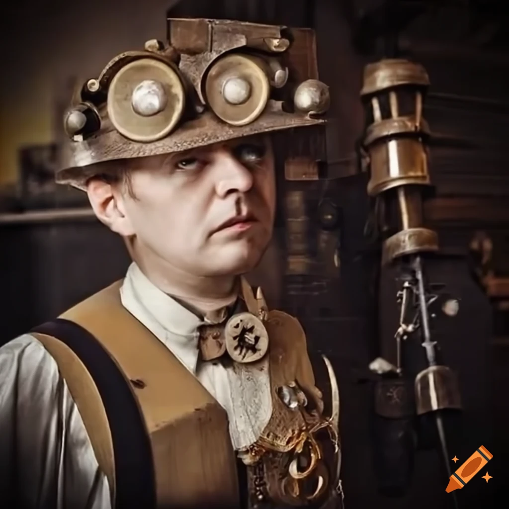 Steampunk employee working in a factory on Craiyon