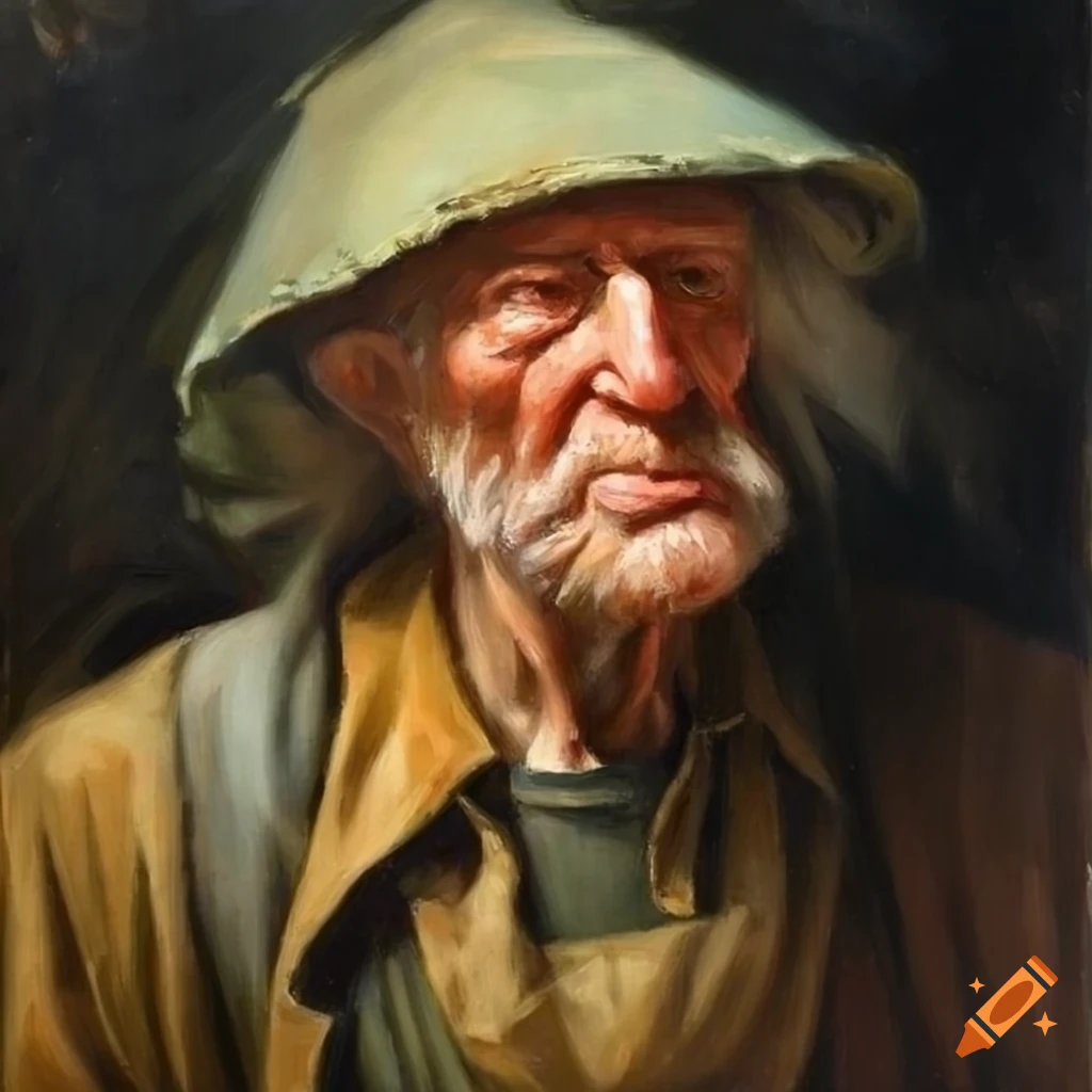 Oil painting portrait of a grumpy fisherman in stormy weather on Craiyon