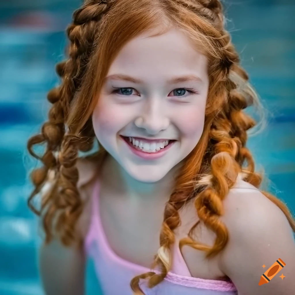 Tween girl with braided ginger hair smiling in a pool on Craiyon