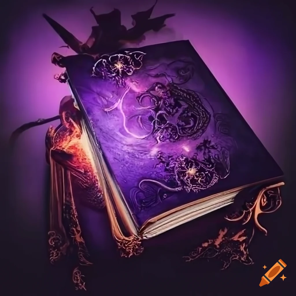 Fantasy magic tome book with violet glow on black background on Craiyon