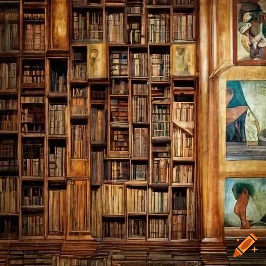 Fantastical mural of library walls with various artistic styles in a ...