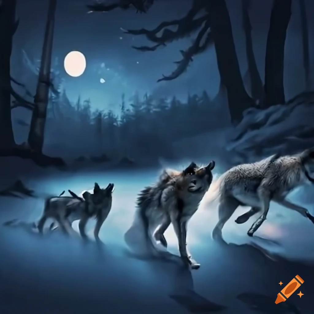 Pack Of Running Wolves At Night On Craiyon
