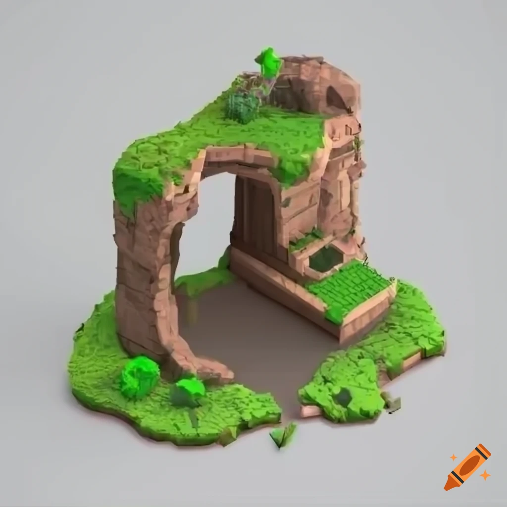 Upside down mini island ruins in 3d isometric game on white background ...