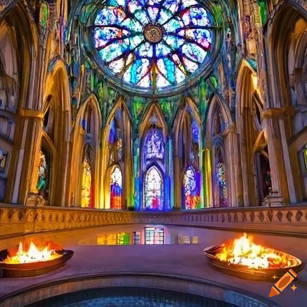 Grand round cathedral with colorful glass windows and fire pit on Craiyon