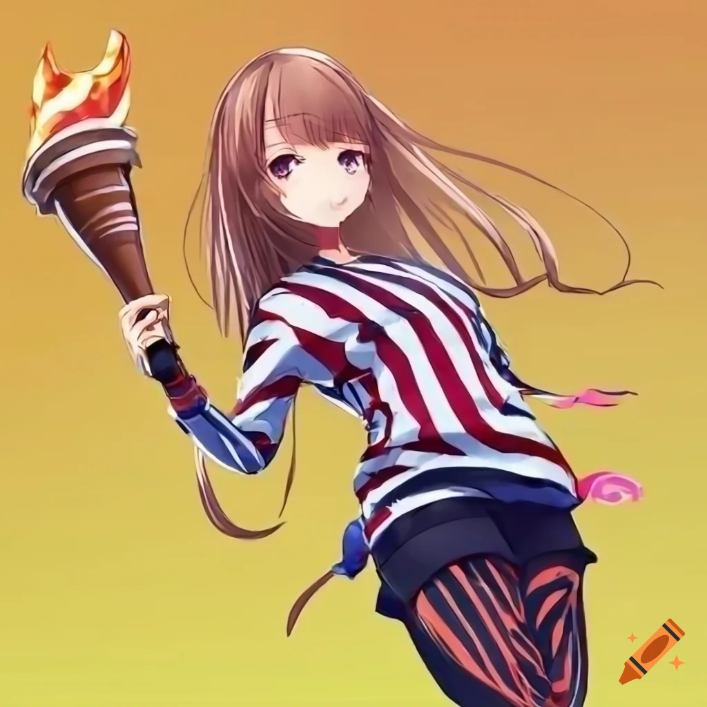 Sporty anime girl carrying the Olympic torch in a long-sleeved striped ...