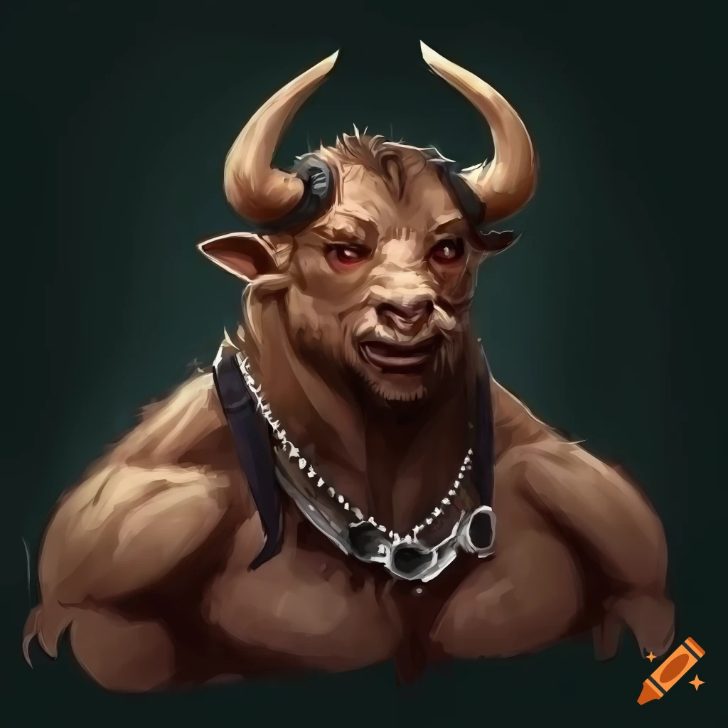 Minotaur tribe leader with septum, long horns, axe, and red eyes on Craiyon