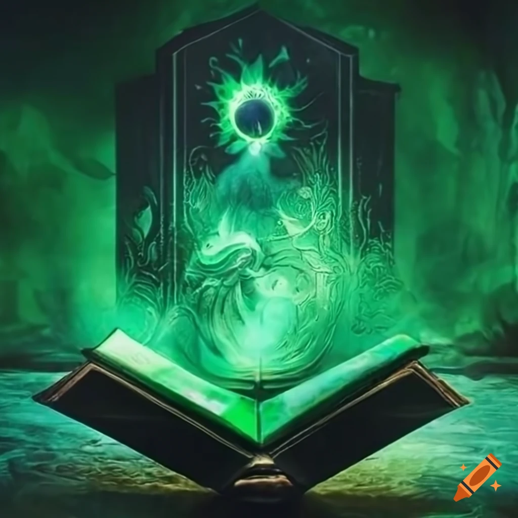 Fantasy magic tome book with green glow on black background on Craiyon