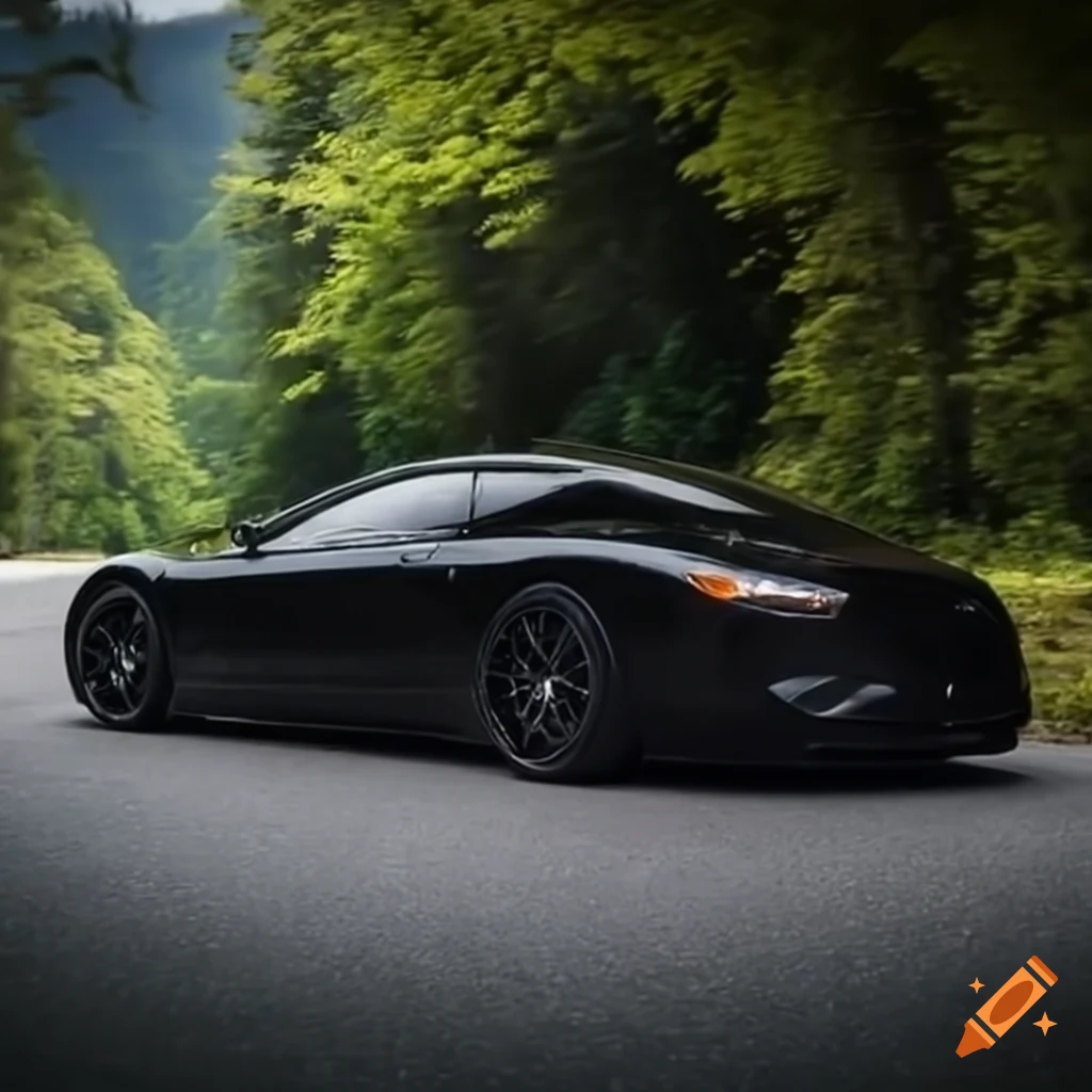 Sleek black bavarian motor works car on a picturesque road on Craiyon